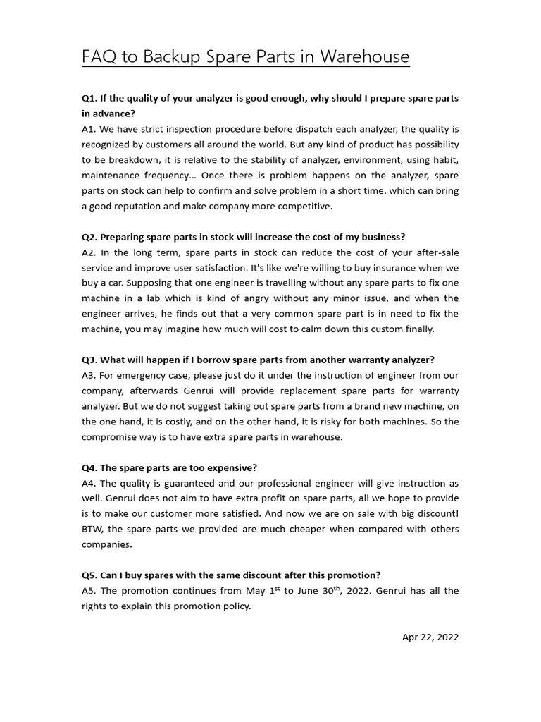 Warehouse Spare Parts Backup FAQ | PDF