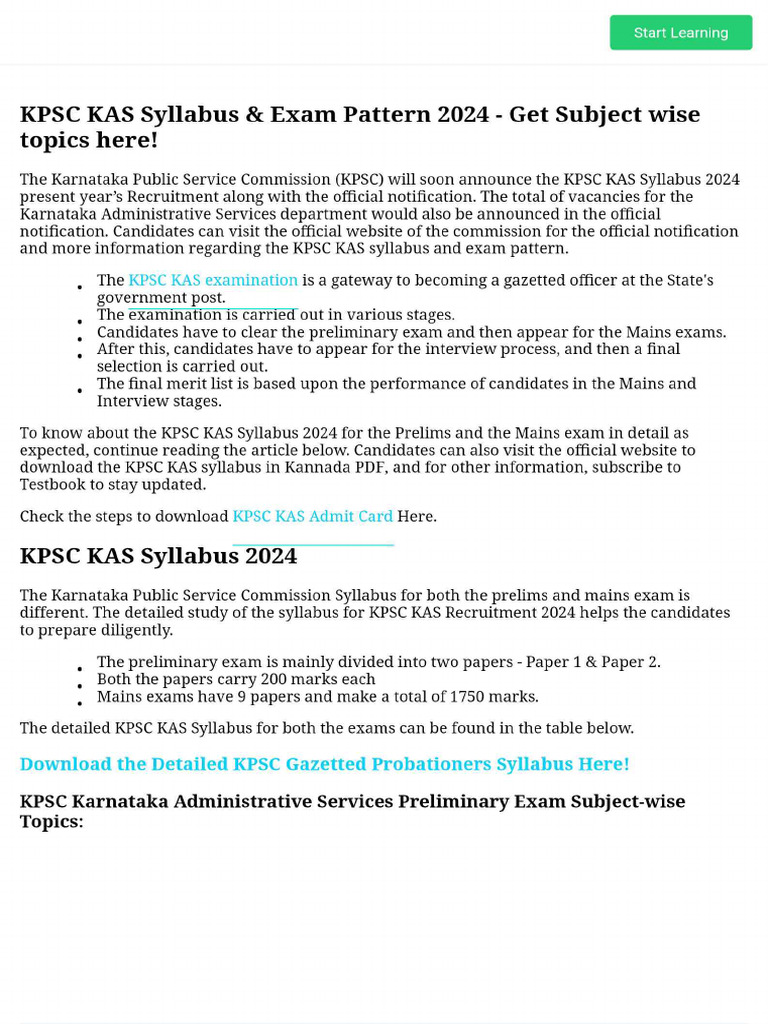 KPSC KAS Syllabus & Exam Pattern 2024 - Get Subject Wise Topics Here! | PDF