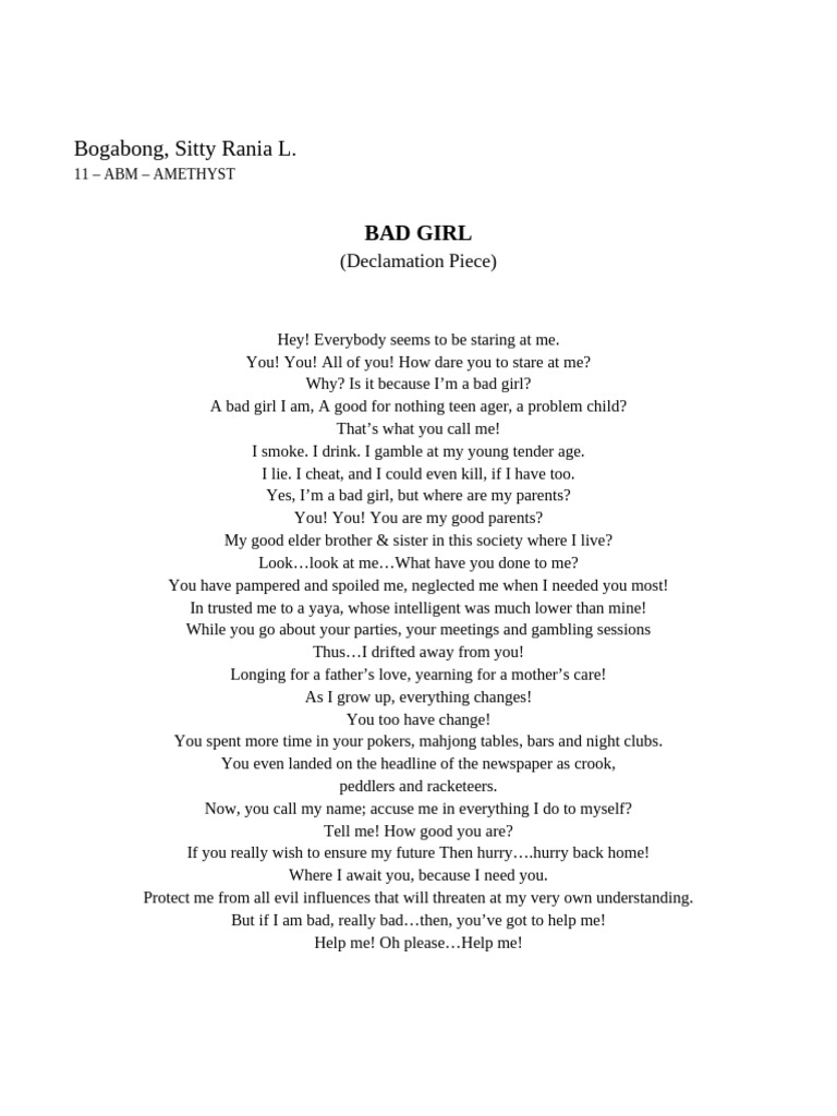 BAD GIRL Declamation Piece | PDF