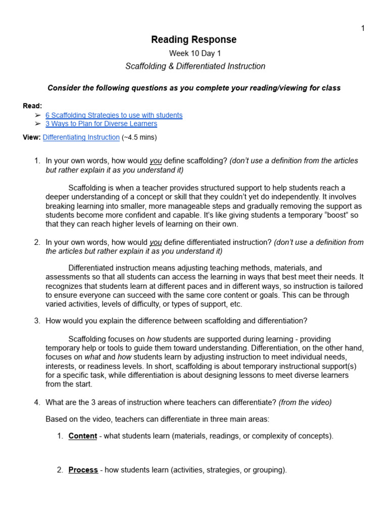 WK 10D1 Reading Response | PDF | Differentiated Instruction | Behavior ...
