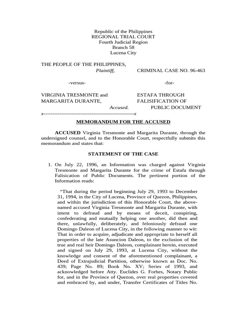 Estafa Case Memorandum: Tresmonte & Durante | PDF | Crimes | Crime ...
