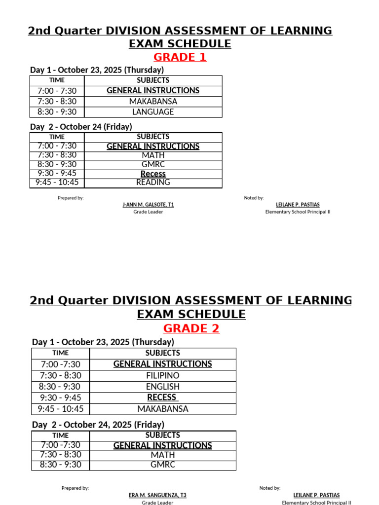 2025 Second Quarter Exam Schedule | PDF | Republicanism | Philippines