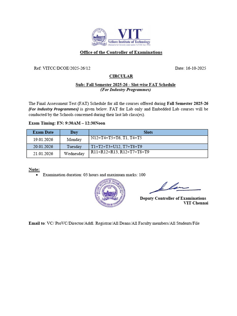 FAT Schedule for Fall 2025-26 | PDF