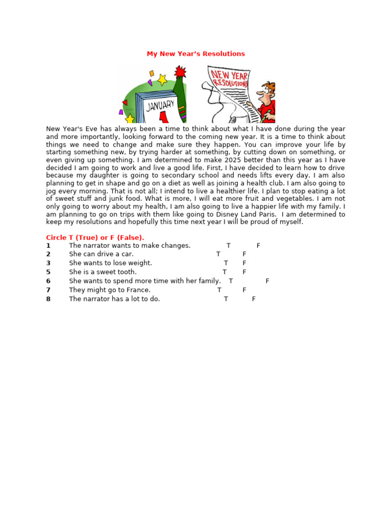 My New Years Resolutions Reading Comprehension Exercises 103248 | PDF