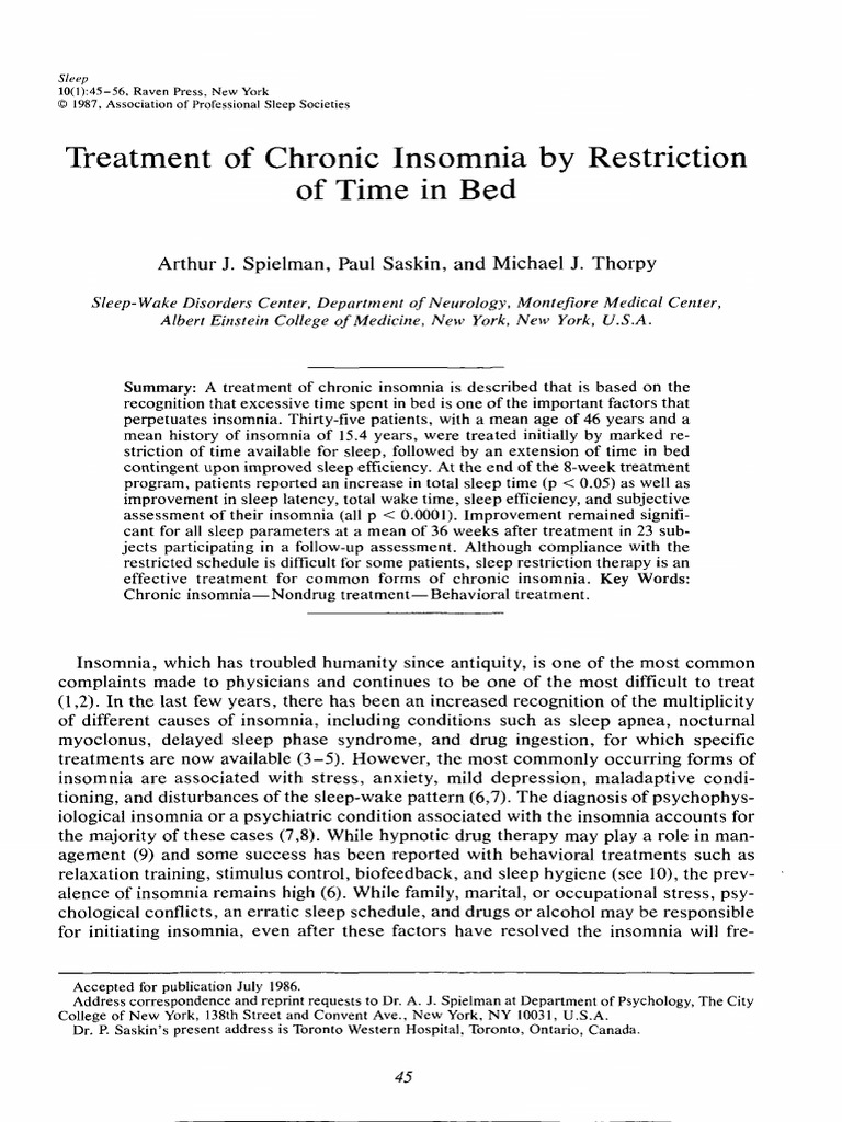 Treatment of Chronic Insomnia by Restriction - of Time in Bed | PDF ...