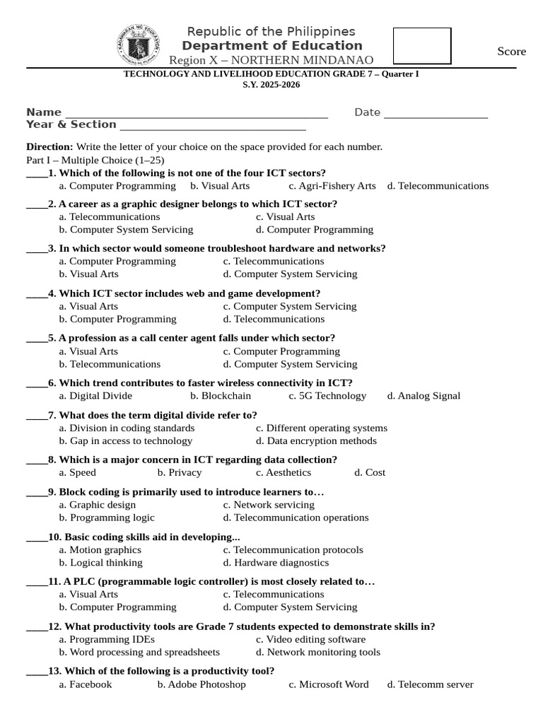 Grade 7 ICT Education Assessment Guide | PDF | Microsoft Word ...