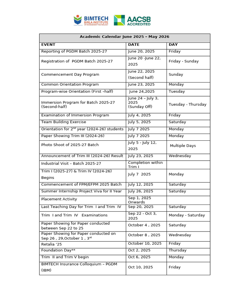 BIMTECH Academic Calendar 2025-26 | PDF | Observances | Religious Holidays