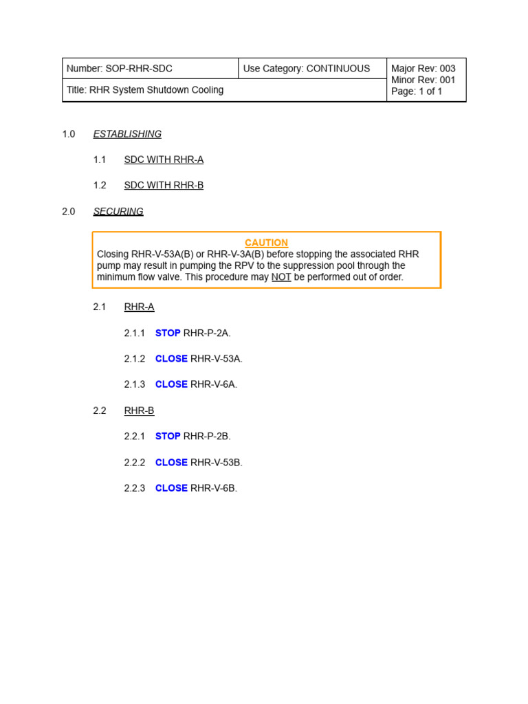 RHR System Shutdown Cooling Procedure | PDF