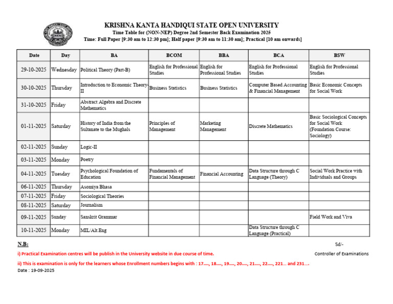Degree 2nd Semester Back Paper Time Table - Non-Nep | PDF | Mathematics ...