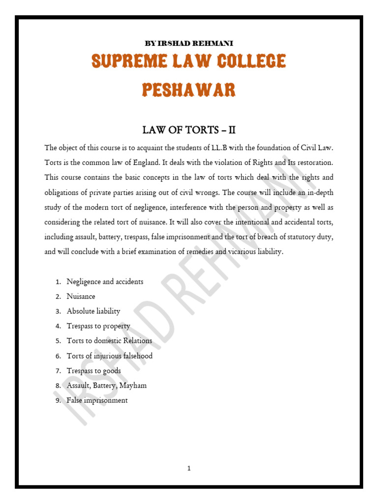 Law of Torts II: Negligence Overview | PDF | Tort | Negligence