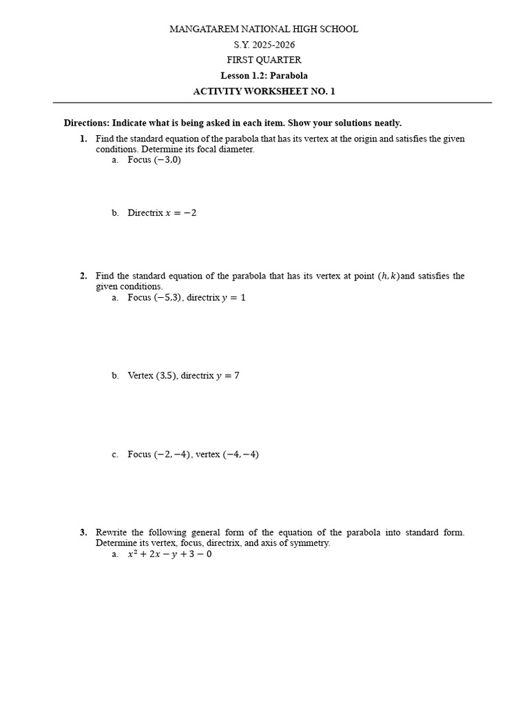 Parabola Activity Worksheet S.Y. 2025-2026 | PDF