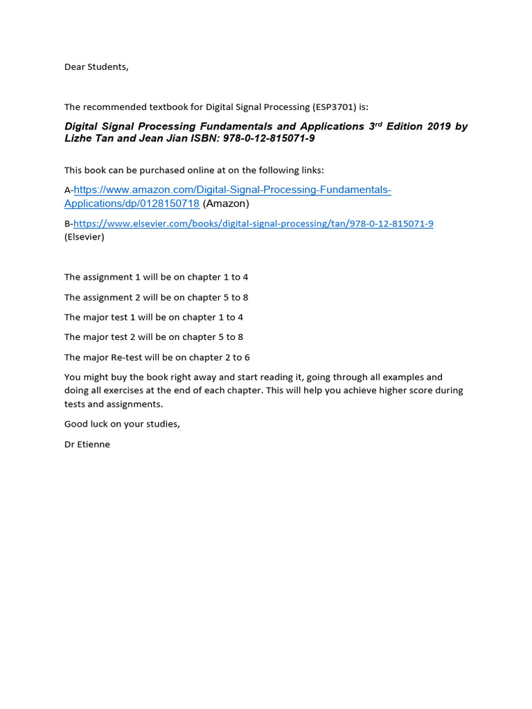 Digital Signal Processing Textbook Info | PDF