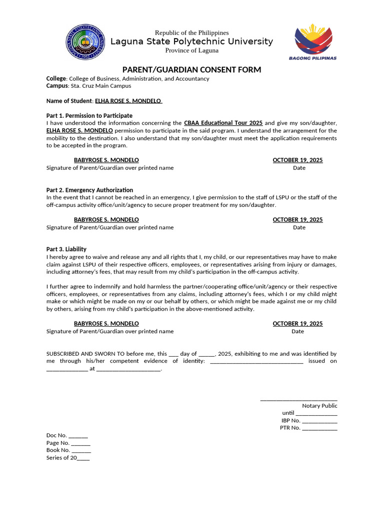 Parent Guardian ConsentForm Tour MONDELO | PDF | Private Law | Common Law