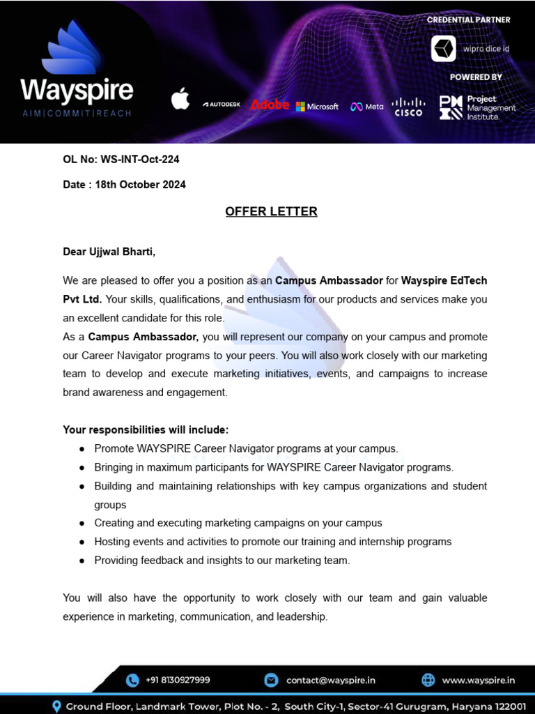 Campus Ambassador - Offer Letter - Wayspire - Ujjwal Bharti | PDF