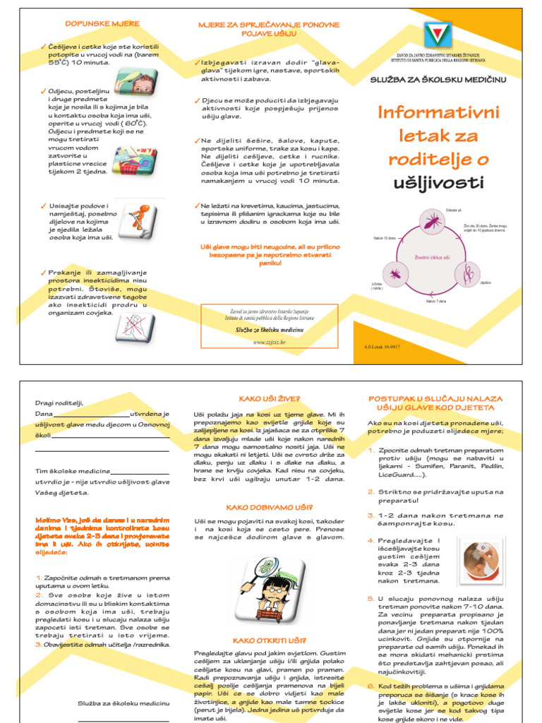 Letak Za Roditelje - Ušljivost | PDF