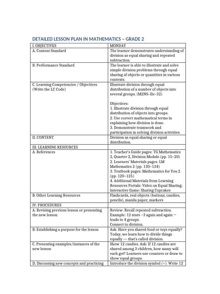 Grade2 Math LessonPlan Monday | PDF | Learning | Mathematics