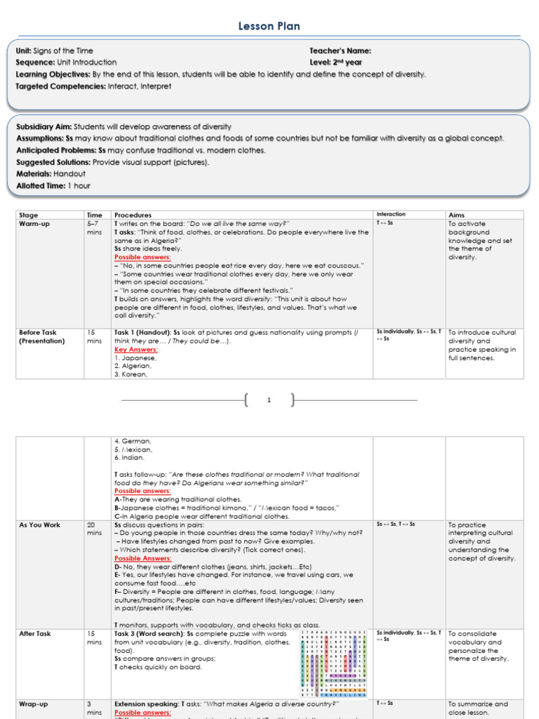 Lesson Plan on Cultural Diversity | PDF | Lesson Plan | Cognition