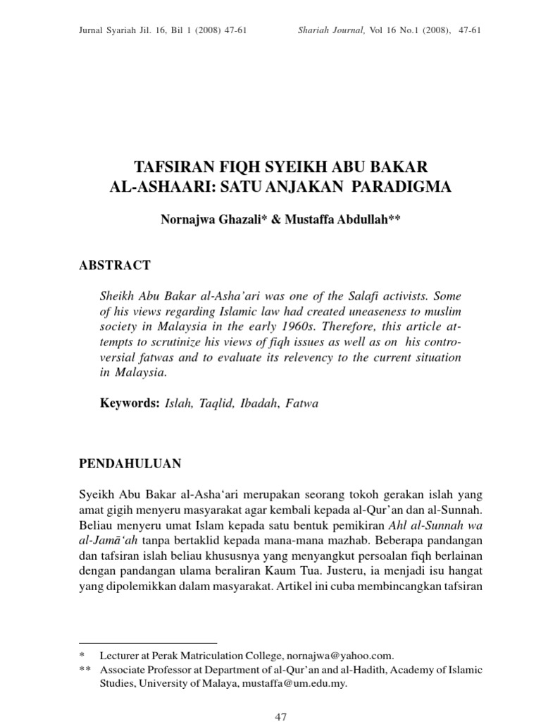 Tafsiran Fiqh Syeikh Abu Bakar Al-Ashaari: Satu Anjakan Paradigma | PDF