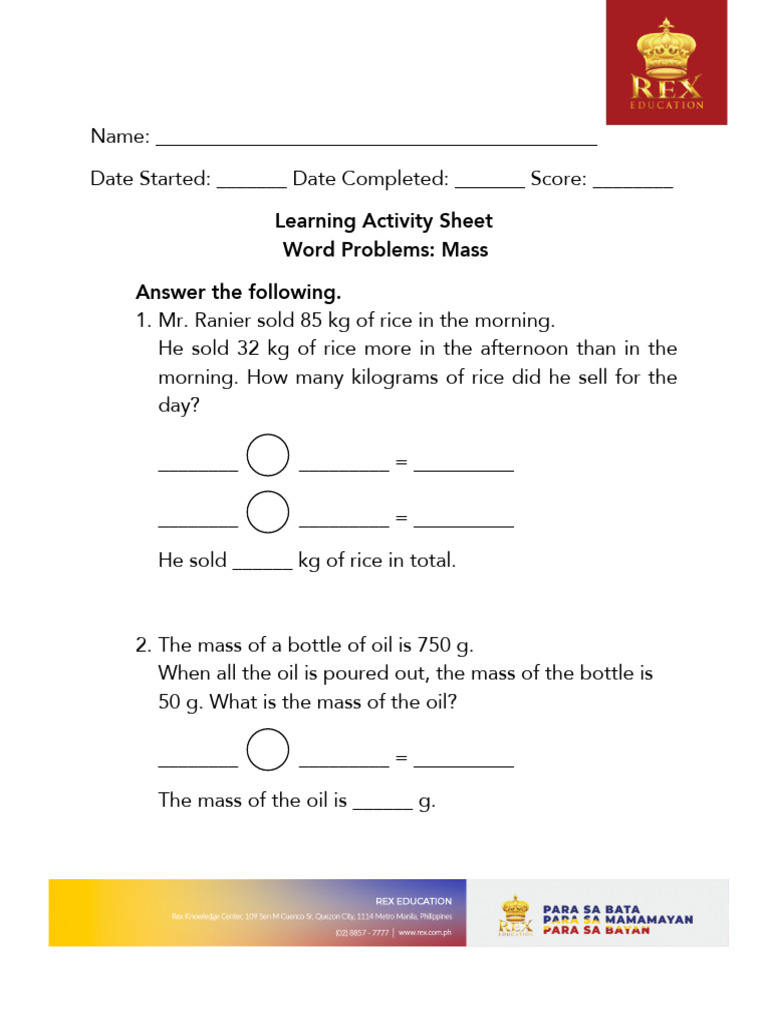 LearningActivitySheetWordProblems Mass | PDF