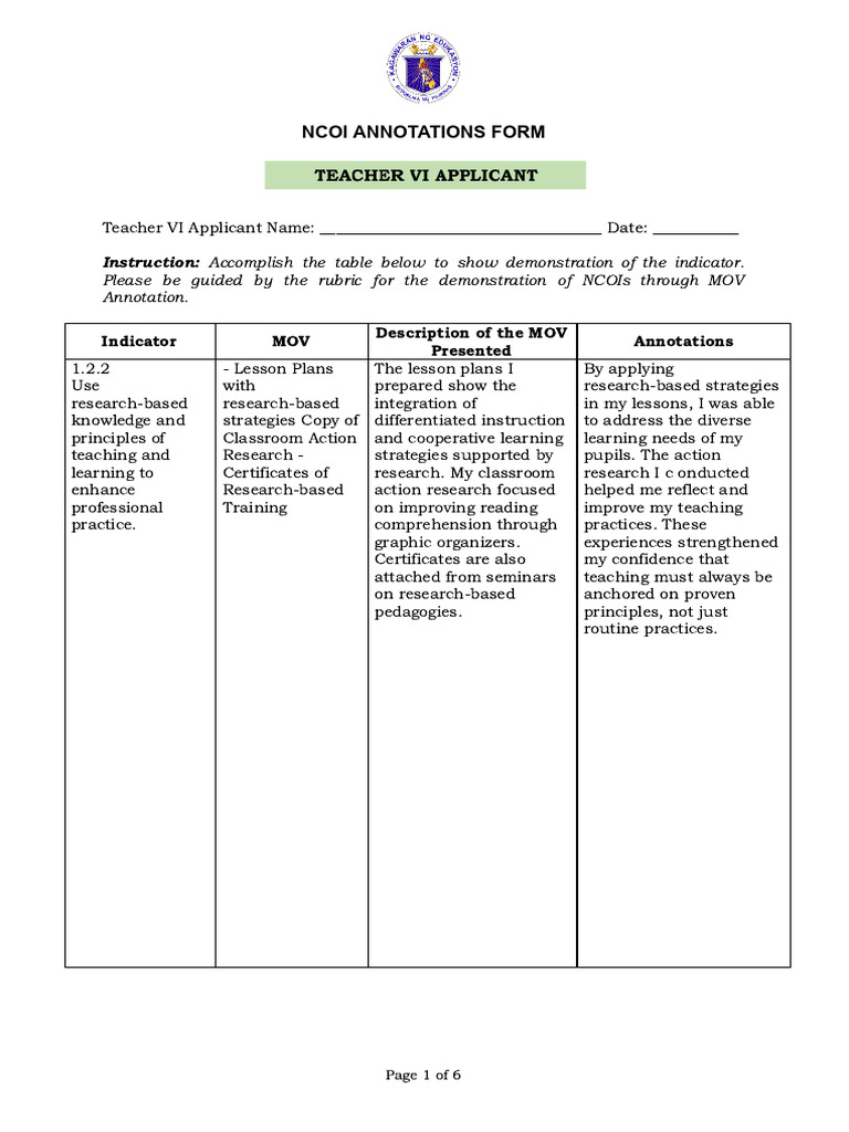 NCOI Annotations Form for Teacher VI | PDF | Teachers | Lesson Plan