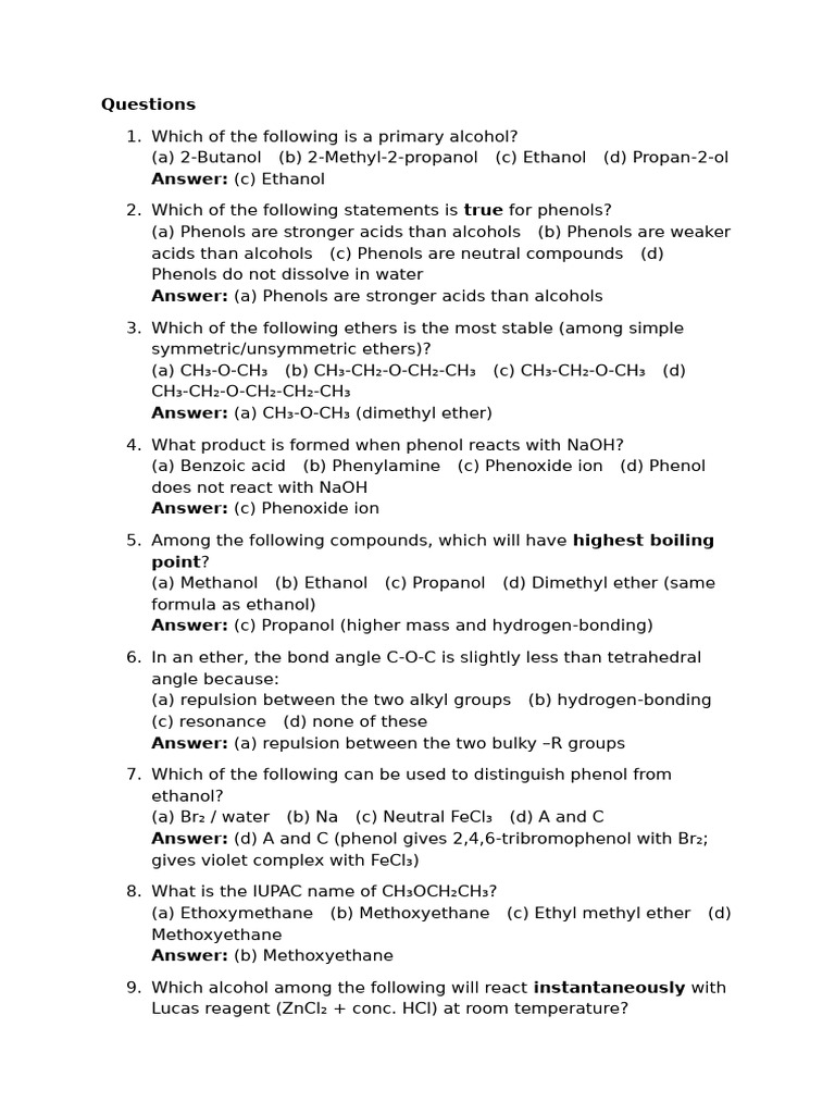 Questions | PDF | Ether | Aldehyde