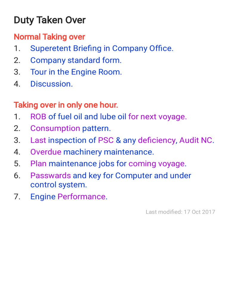 Engine Room Duty Takeover Checklist | PDF