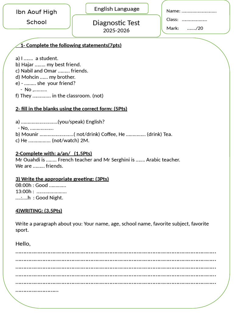 English Language Diagnostic Test 2025 | PDF