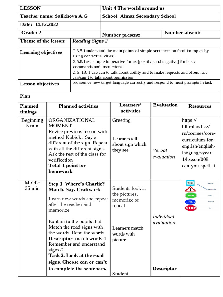 Lesson Plan: Reading Signs for Grade 2 | PDF | Education Theory ...