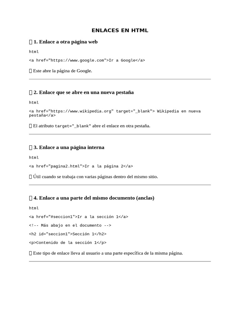 Enlaces en HTML Ejemplos | PDF | Hipervínculo | HTML