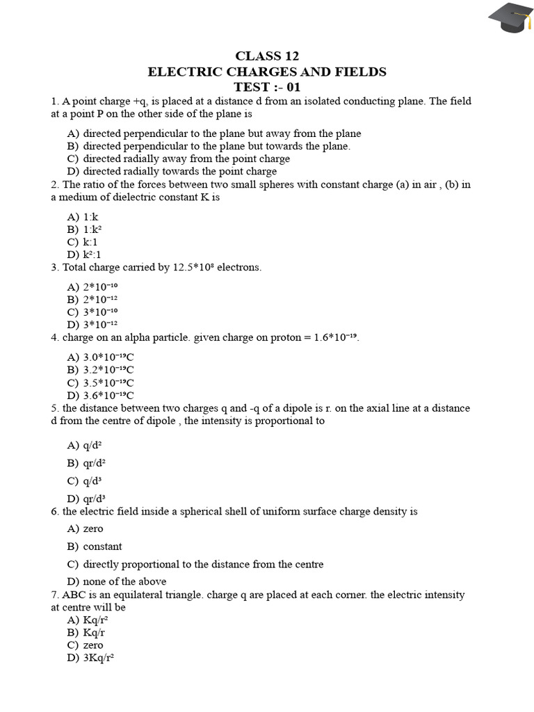 Class 12 Electric Charges Test 01 | PDF | Electric Field | Force