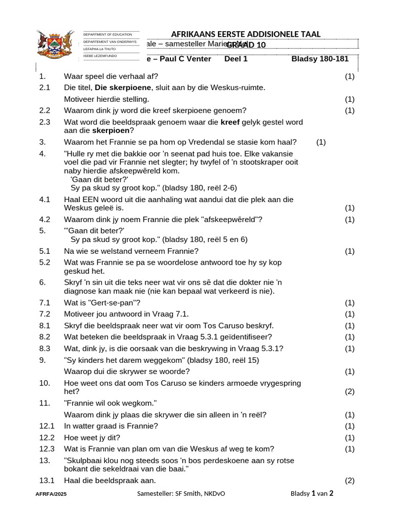 Afrikaans EAT Graad10 Skerpioene Deel 1 Vrae | PDF