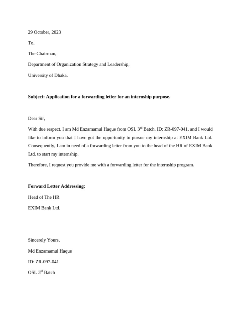 Internship Forwarding Letter Request | PDF