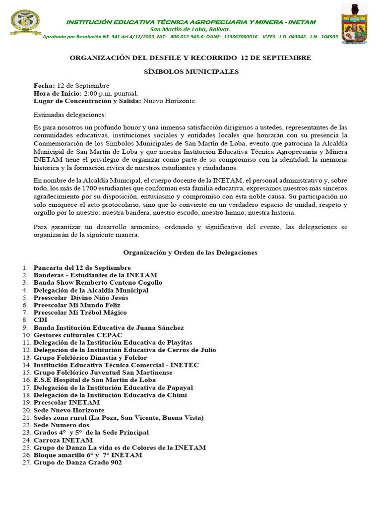 Organización Del Desfile y Recorrido 12 de Septiembre Símbolos ...