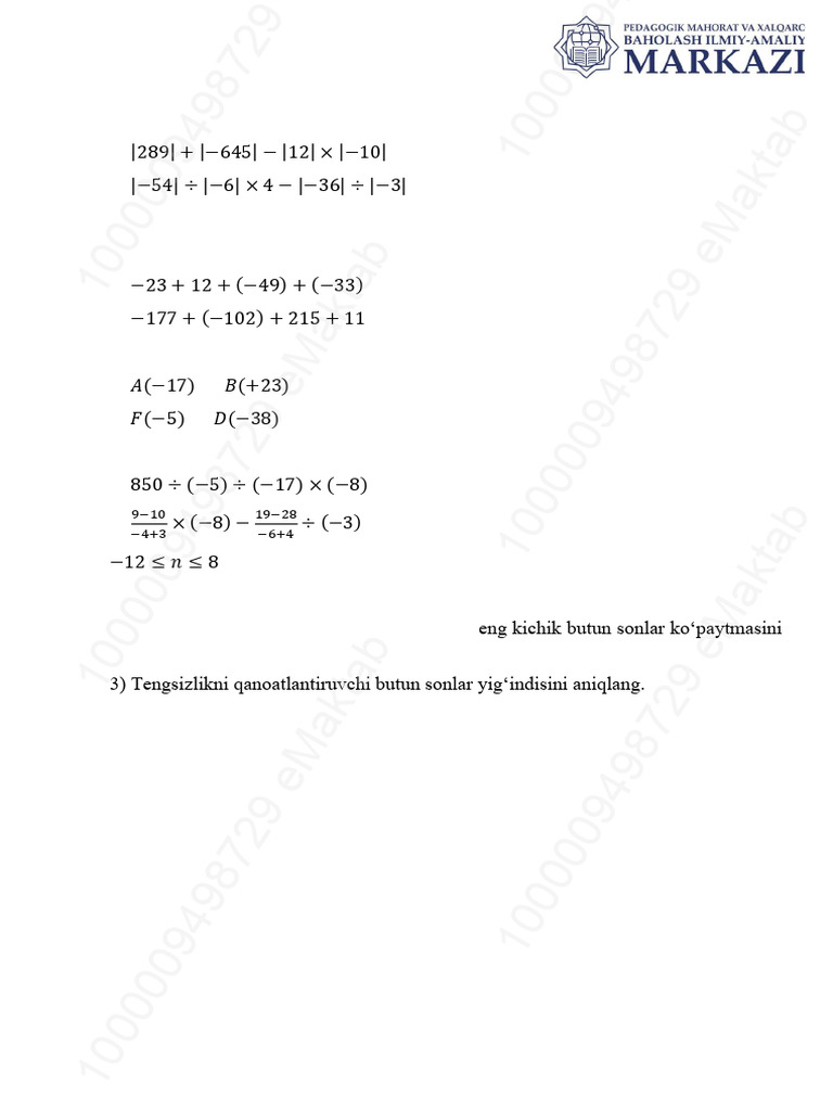 7 Sinf Umumta'lim Matematika I Chorak BSB-2 | PDF