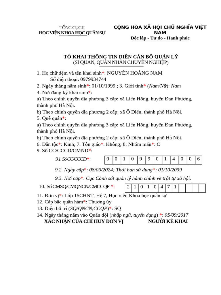 Mau Ke Khai Cua SQ QNCN Dien Can Bo Quan Ly 1 1 | PDF