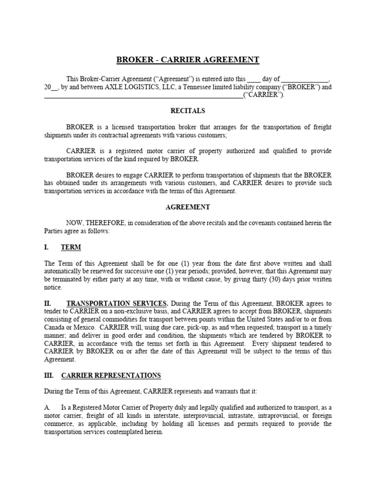Broker-Carrier Agreement Overview | PDF | Indemnity | Cargo