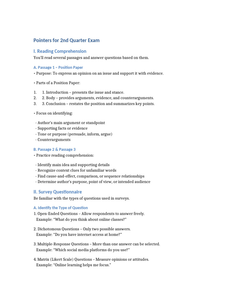 2nd Quarter Exam Study Guide | PDF | Reading Comprehension | Data