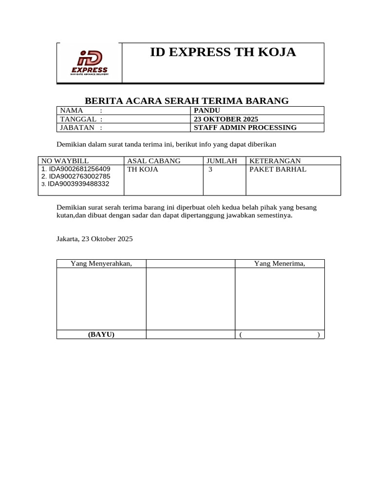 Serah Terima Paket Barhal TH Koja | PDF