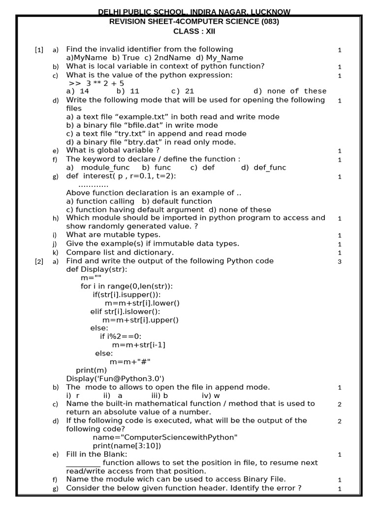 Class Xii - Revision - Sheet - 4 | PDF | Computer Programming ...