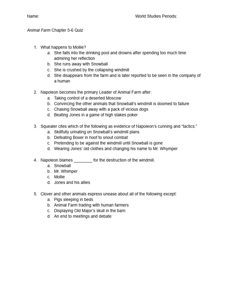 Animal Farm Chapter 5-6 Quiz | PDF