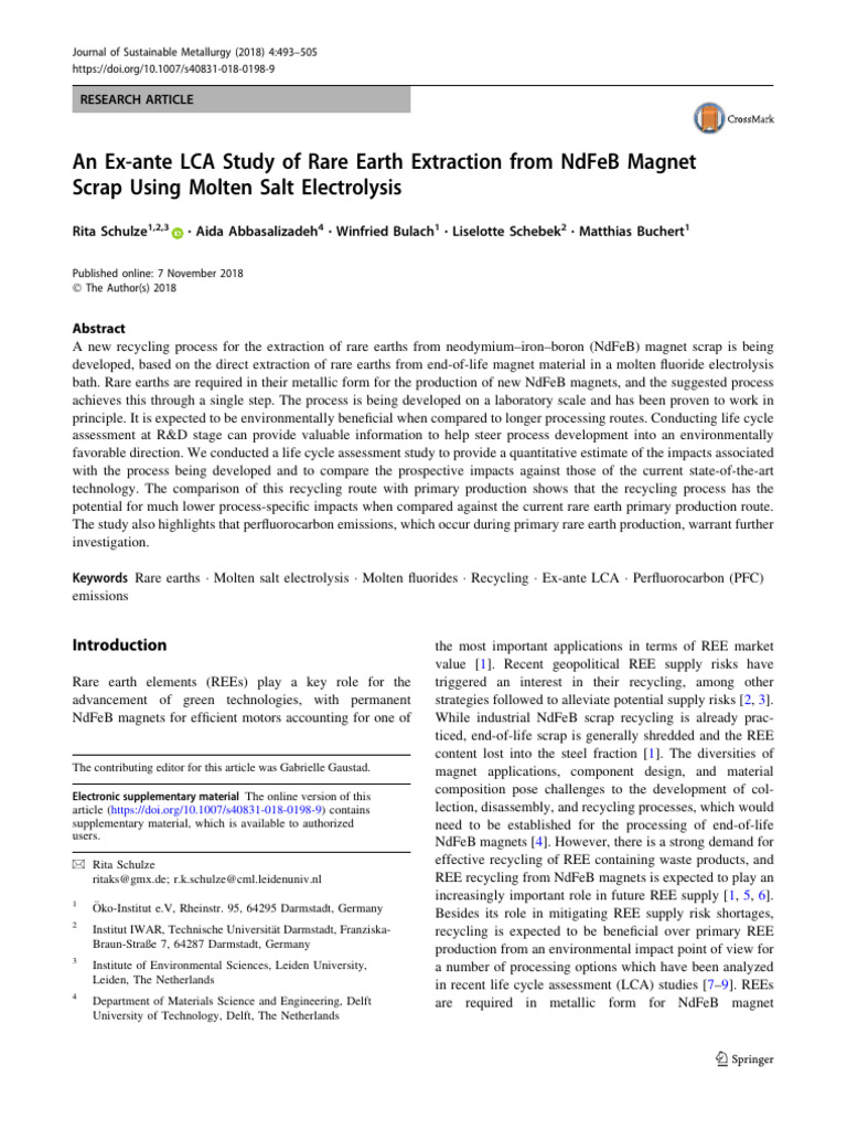 An Ex-Ante LCA Study of Rare Earth Extraction From NdFeB Magnet Scrap ...