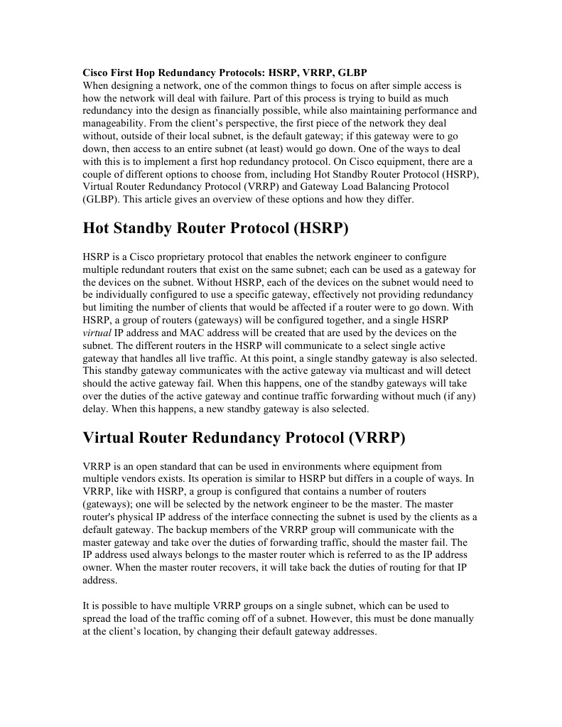 Cisco First Hop Redundancy Protocols | Download Free PDF | Gateway (Telecommunications ...