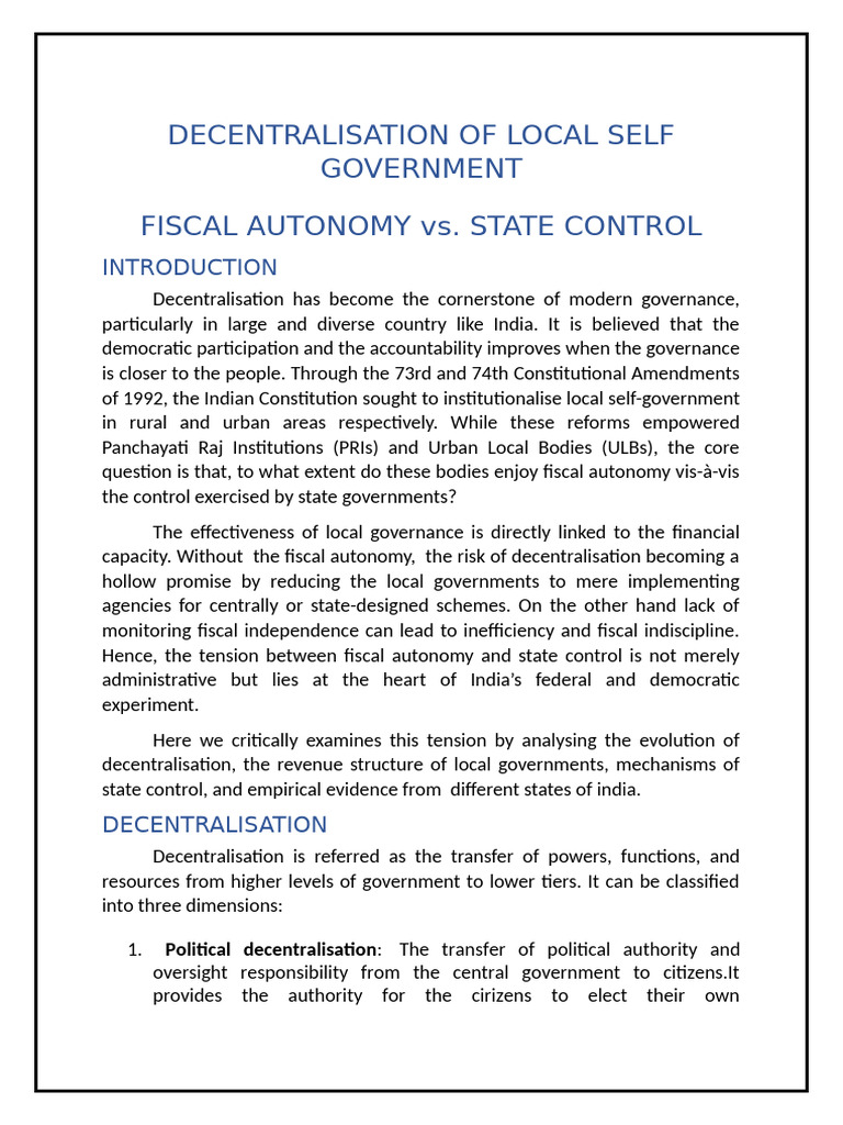 Fiscal Autonomy in India's Local Governance | PDF | Decentralization ...