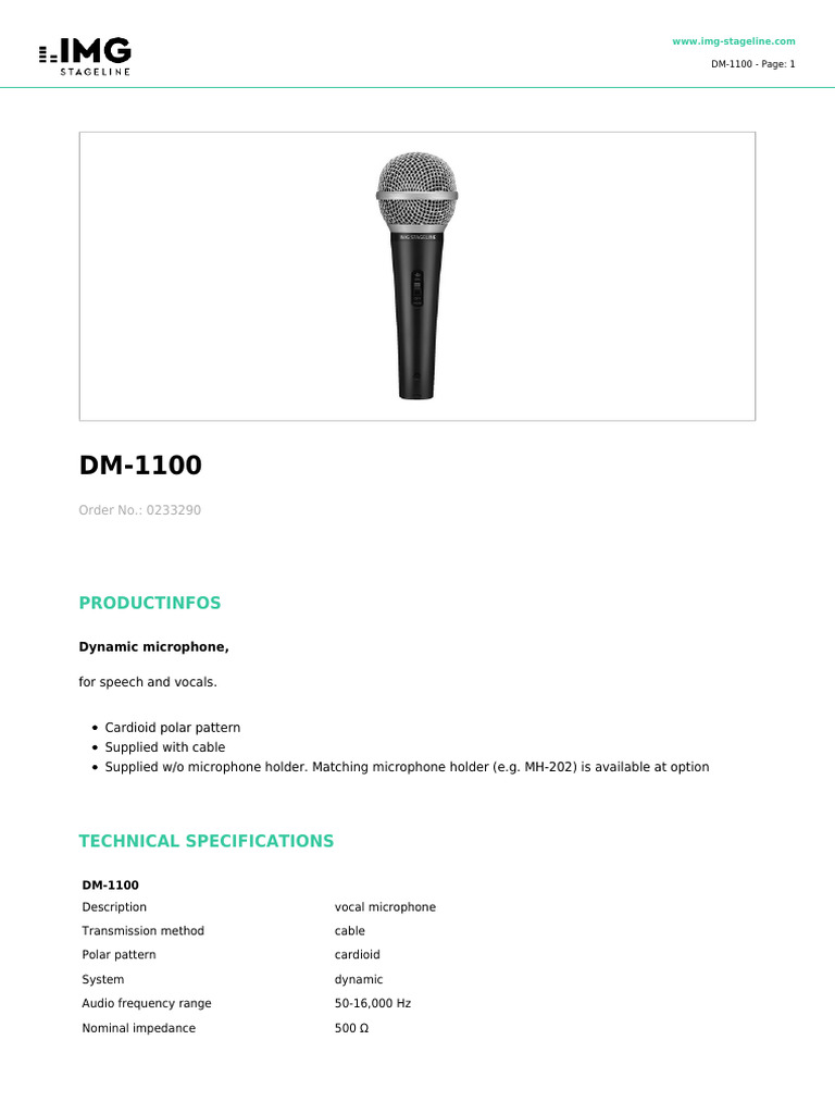 DM-1100 Dynamic Microphone Specs | PDF