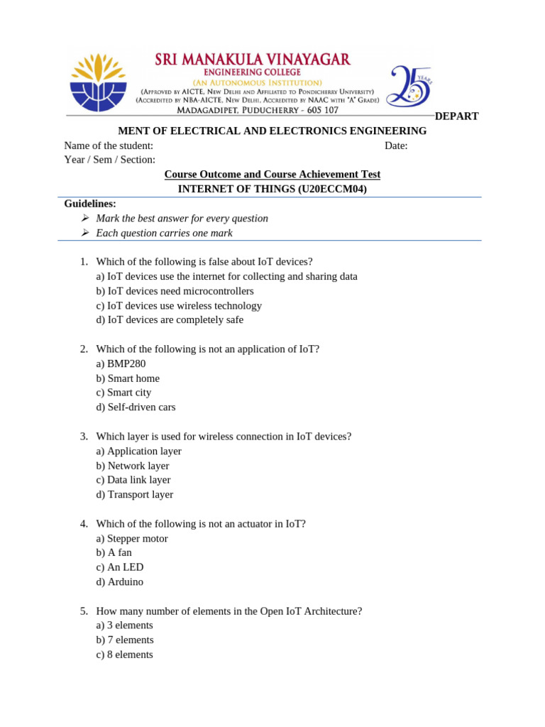 IoT Course Outcome Assessment Test | PDF