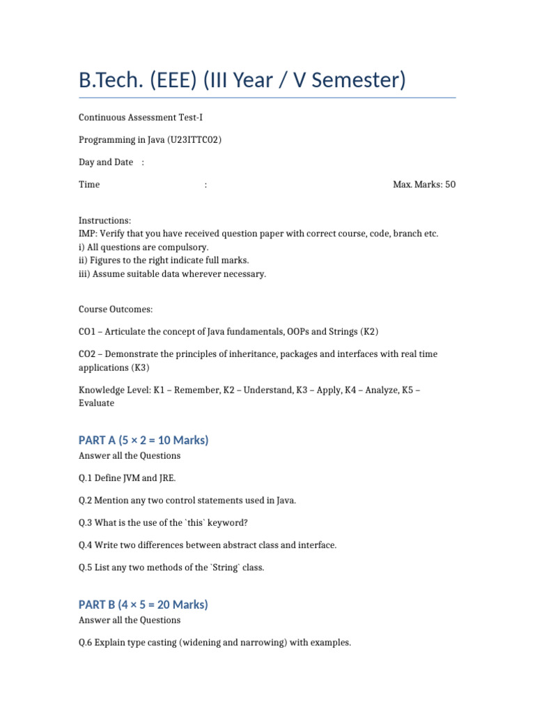 Java Question Paper Version 1 | PDF