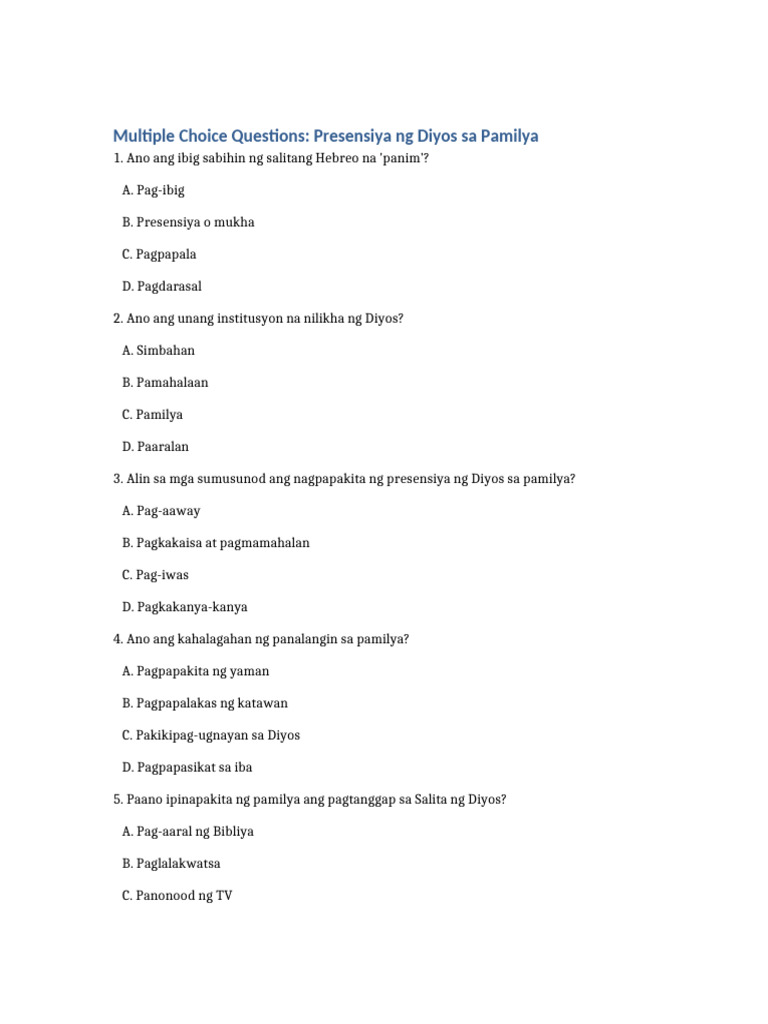 Multiple Choice Questions: Presensiya NG Diyos Sa Pamilya | PDF