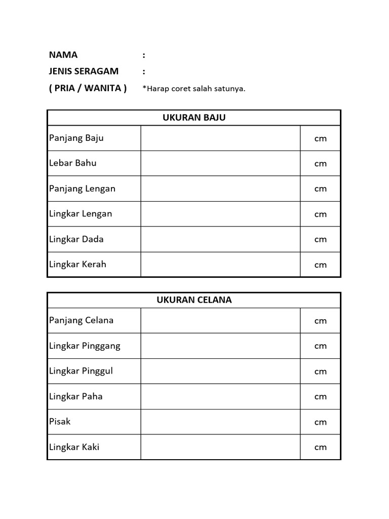 Form Ukuran Baju & Celana Standard | PDF
