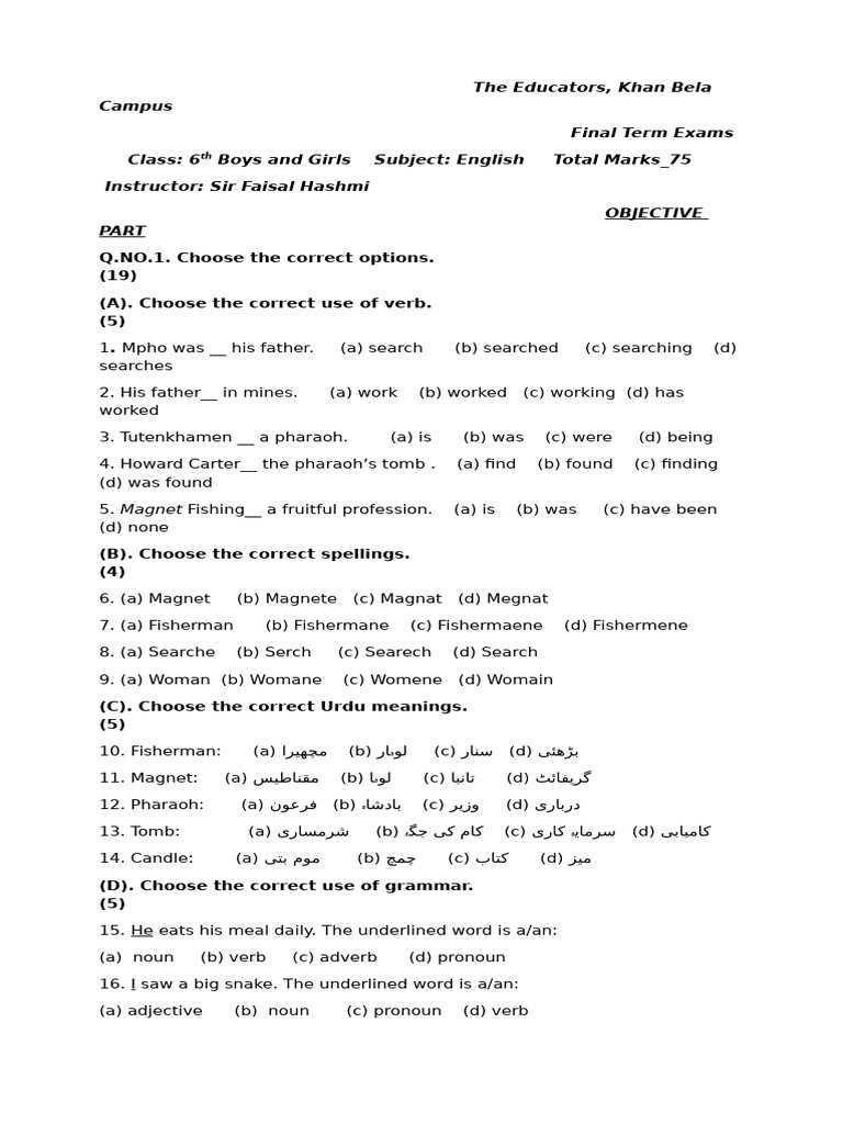 6th Grade English Exam Paper | PDF | Verb | Noun