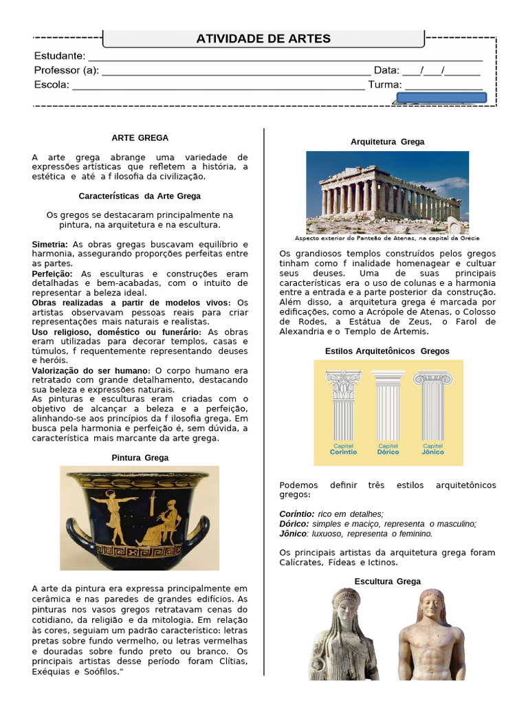 Atividade Arte Eja Para Bloco de Atividades- Arte Grega e Romana | PDF ...